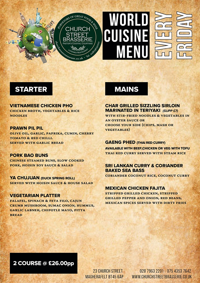 Church Street Brasserie Magherafelt || World Cuisine Menu ...
